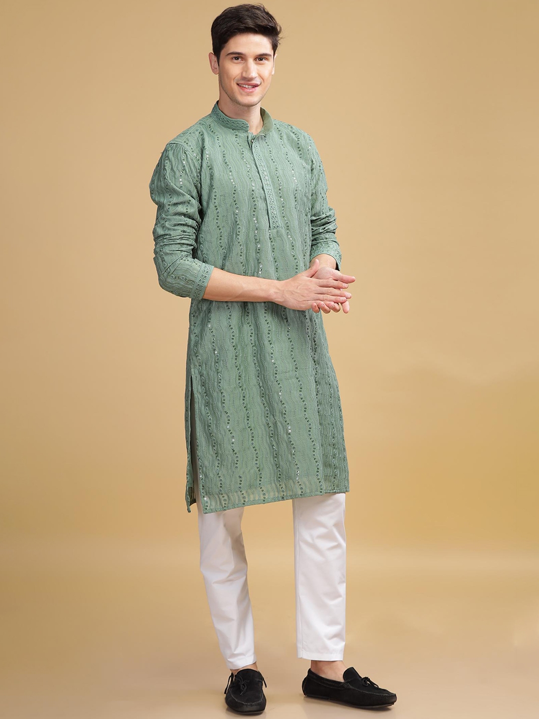 Buy Anouk Green Ethnic Embroidered Mandarin Collar Sequinned Lucknowi