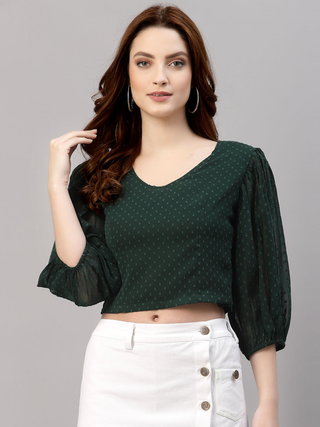 Buy NEUDIS V Neck Puff Sleeves Regular Crop Opaque Casual Top - Tops for Women 27100740 | Myntra
