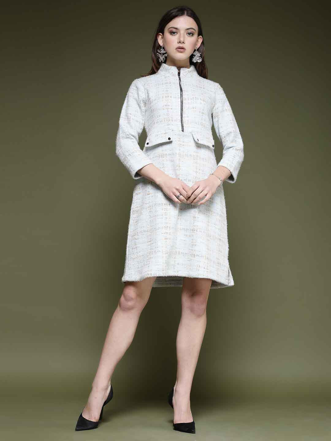 Buy Juelle Checked Mandarin Collar Woollen A Line Dress - Dresses for ...