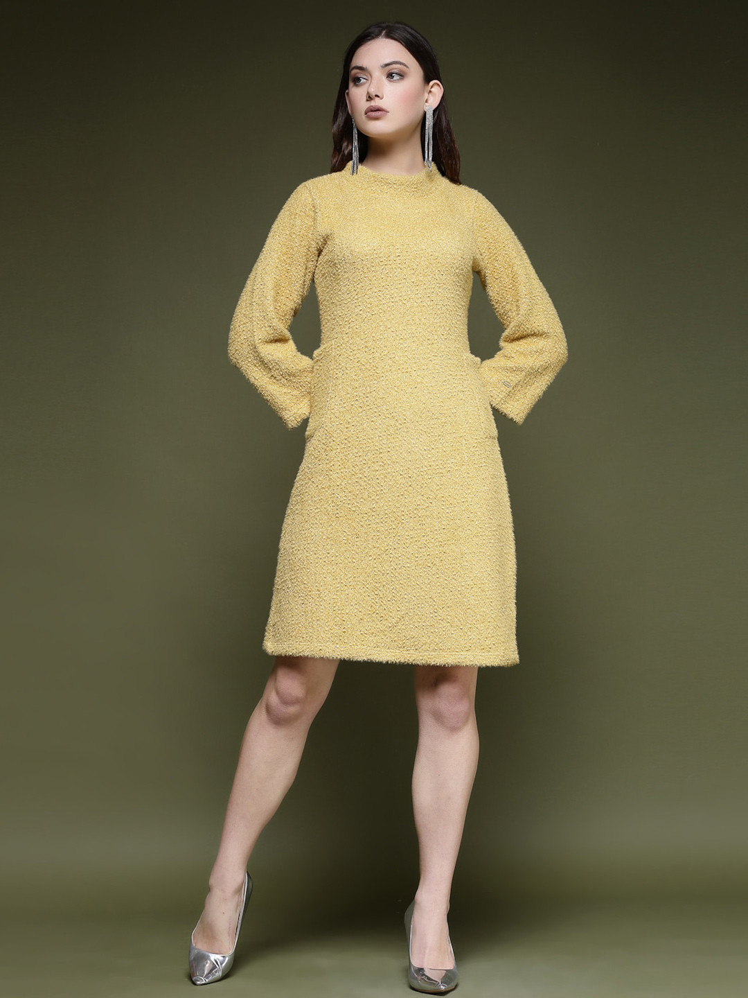 Buy Juelle High Neck Long Sleeves Woollen A Line Dress - Dresses for ...