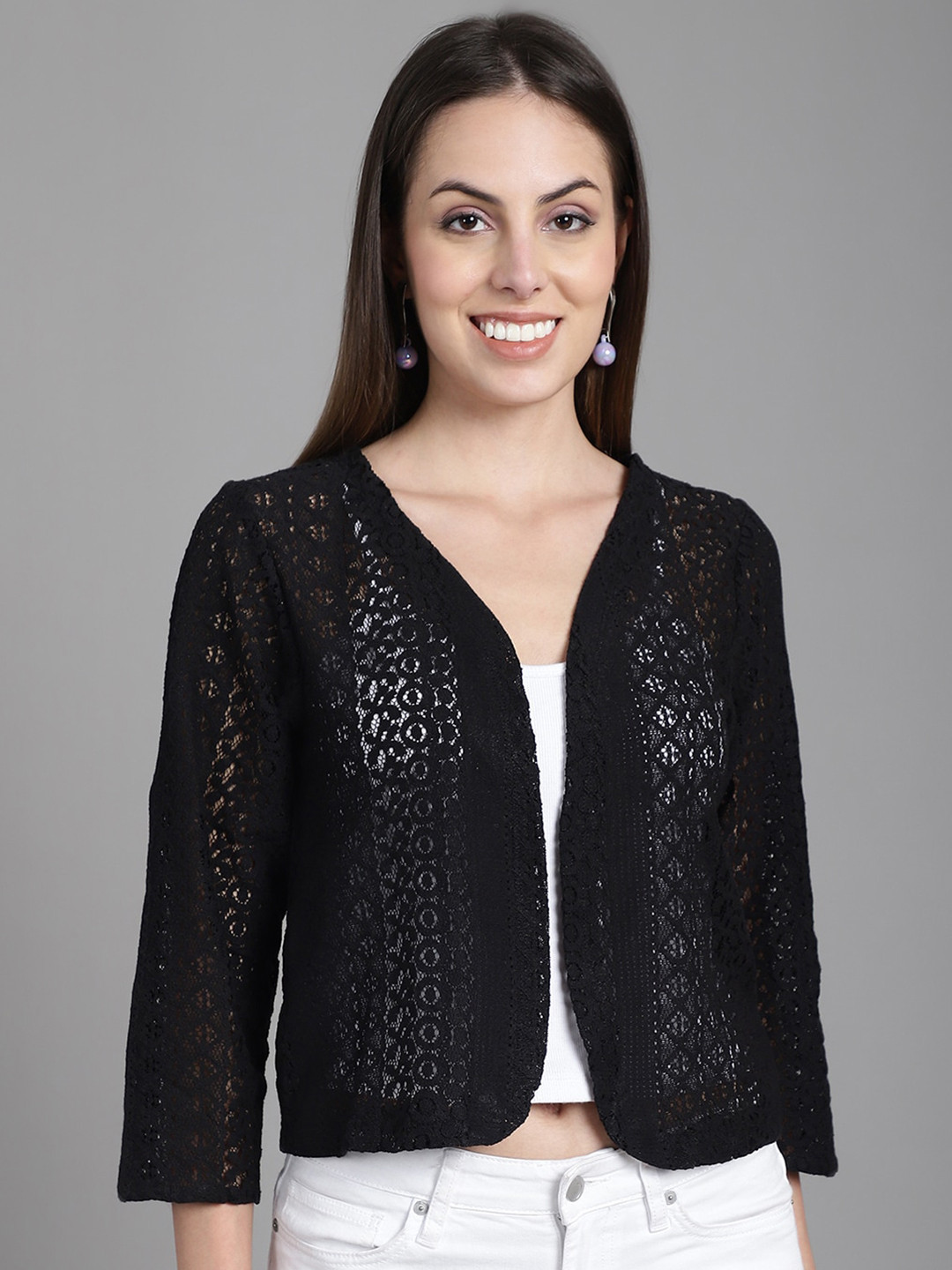 Buy Dressitude Self Design Three Quarter Sleeves Cotton Open Front Crop ...