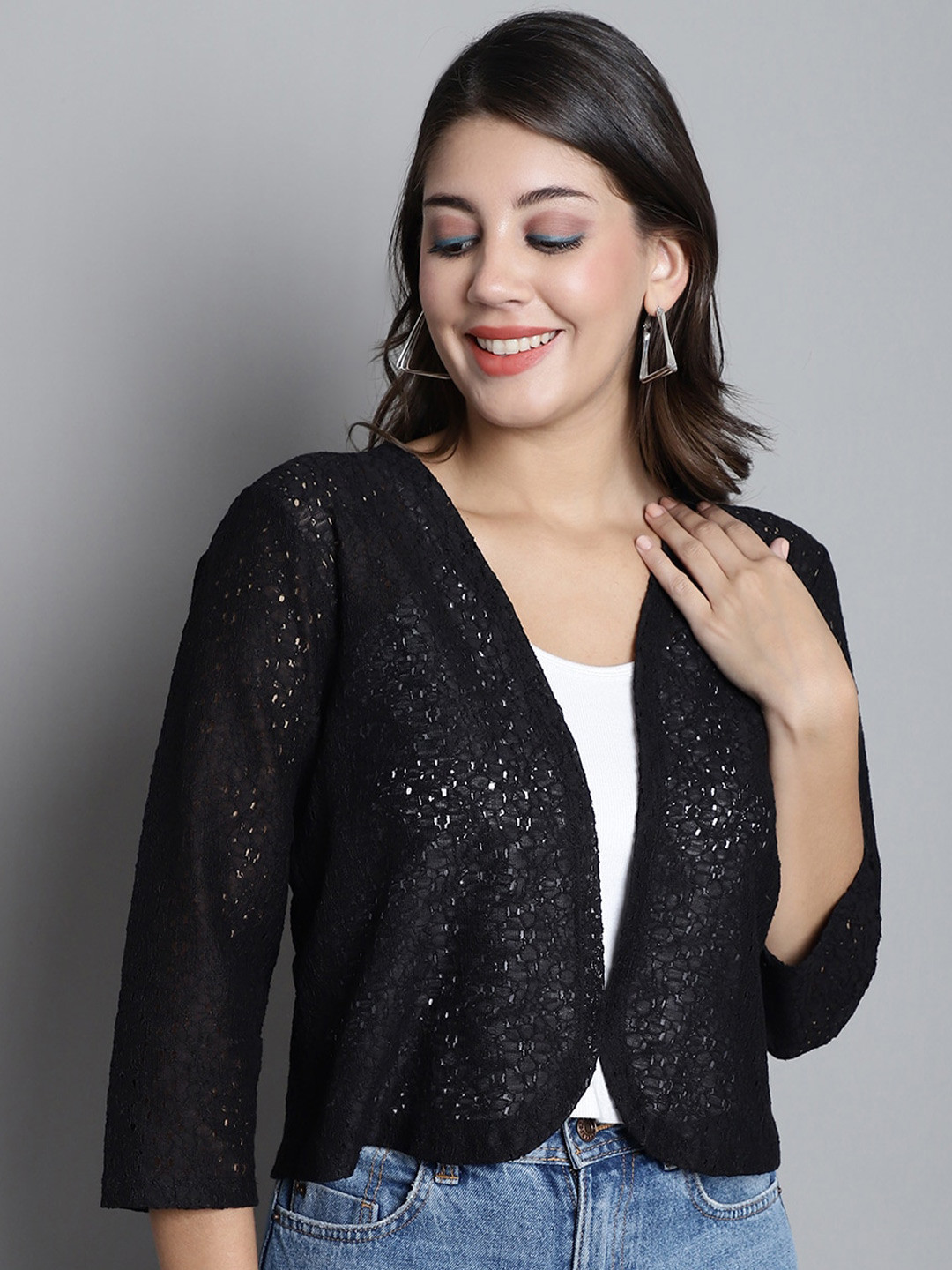 Buy Dressitude Front Open Self Design Flared Sleeves Cotton Shrug ...