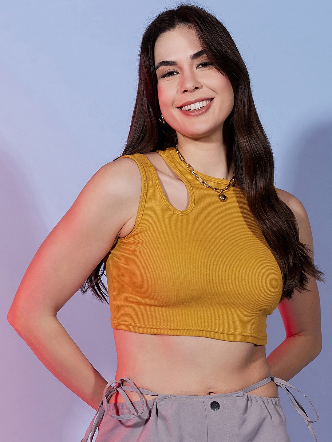 Buy Dressberry Mustard Yellow Ribbed Cut Outs Fitted Crop Top Tops