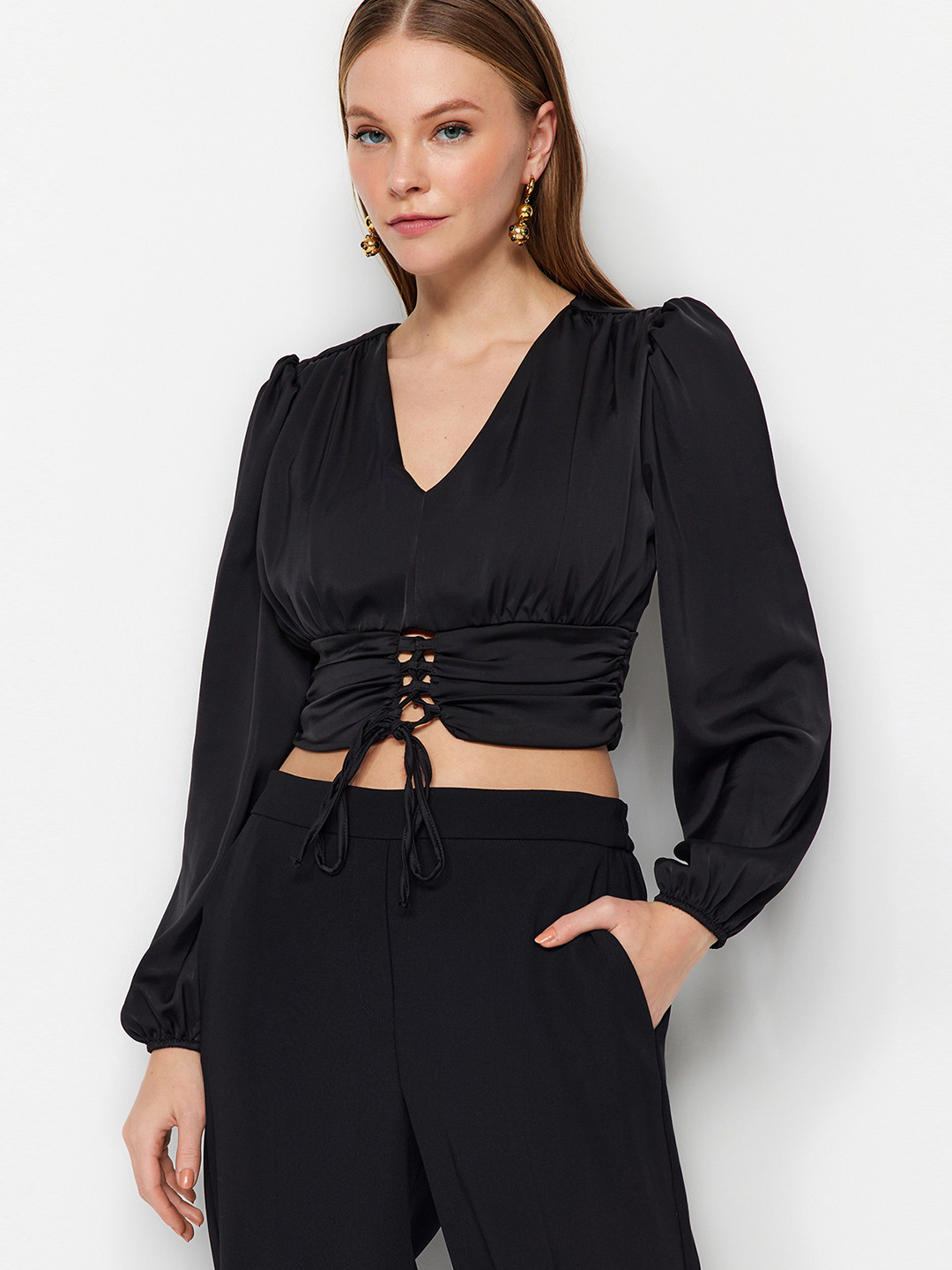 Buy Trendyol V Neck Puff Sleeve Net Crop Cinched Waist Crop Top - Tops ...