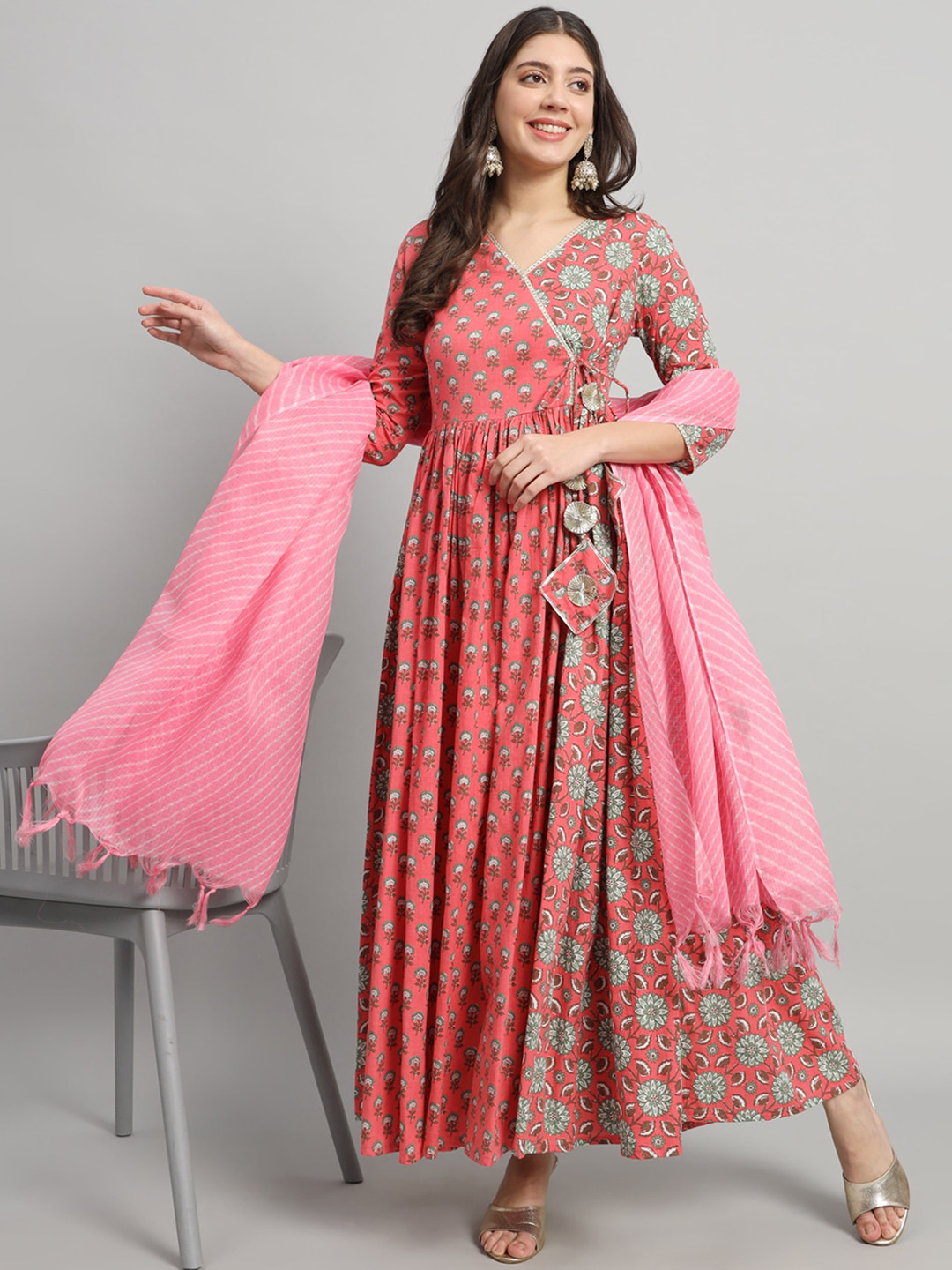 Buy Gujari Floral Printed V Neck Pure Cotton Anarkali Ethnic Dress With ...