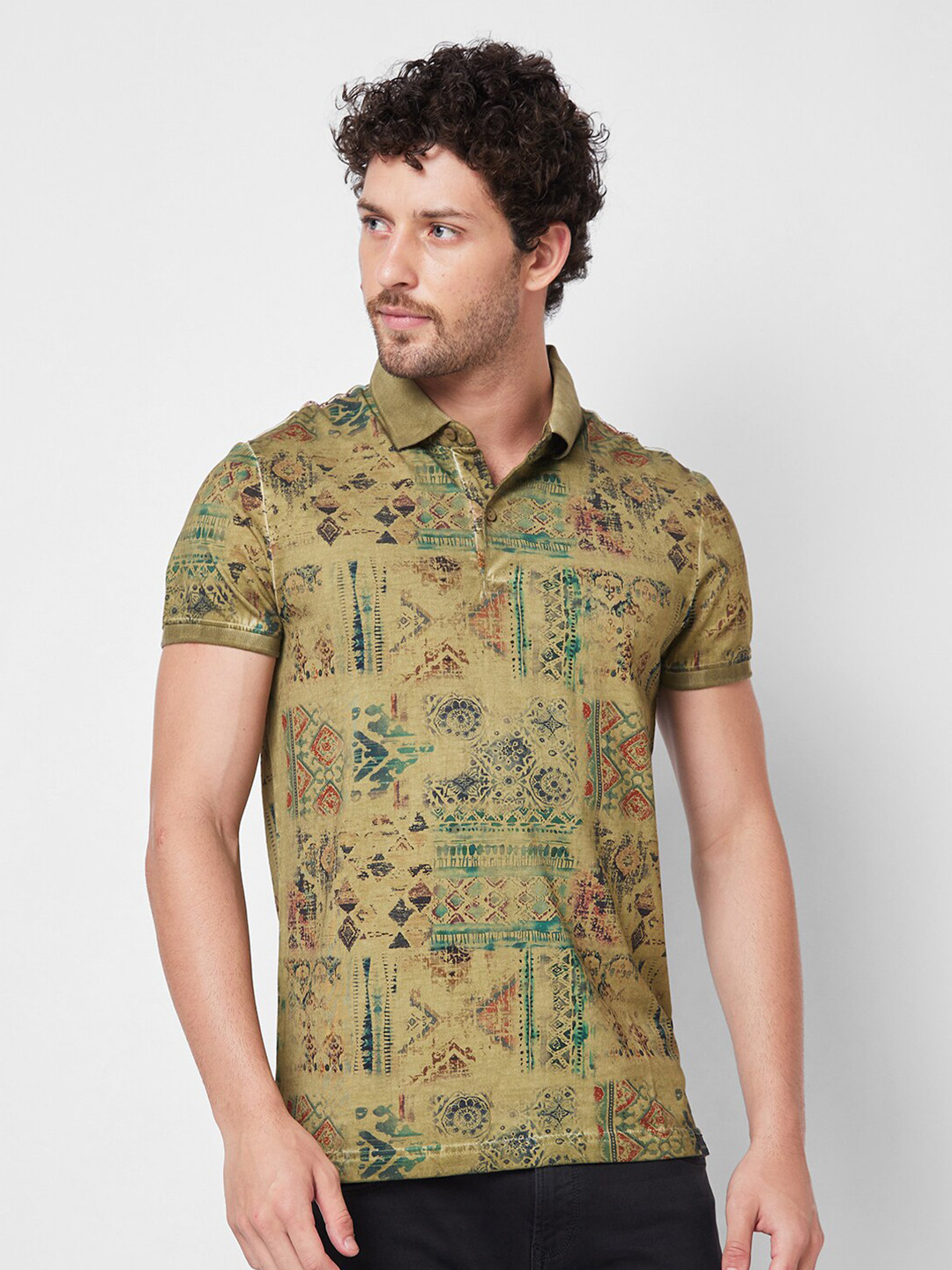 Buy SPYKAR Abstract Printed Polo Collar Cotton Slim Fit T Shirt ...
