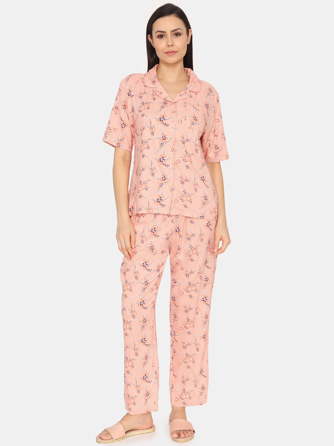 Buy Zivame Floral Printed Lapel Collar Night Suit - Night Suits for ...