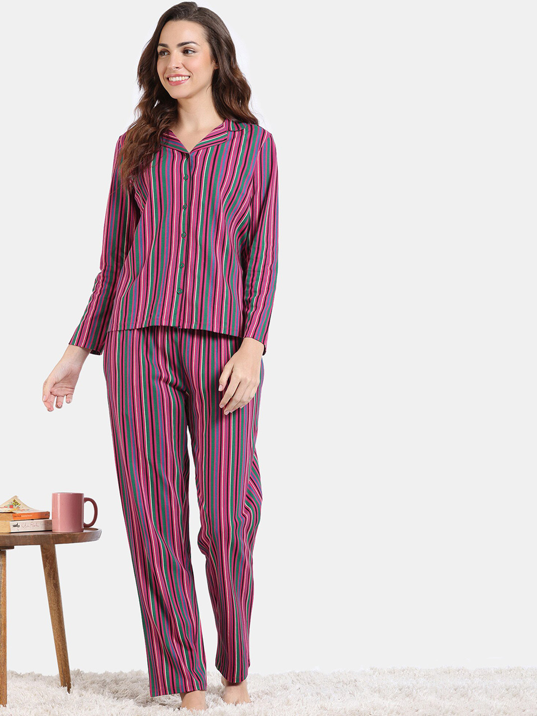 Buy Zivame Striped Lapel Collar Pure Cotton Night Suit - Night Suits ...