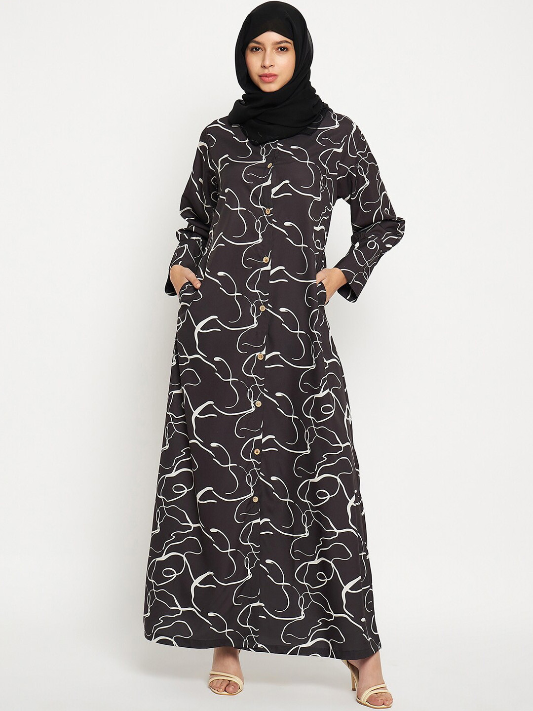 Buy NABIA Women Front Open Printed Abaya Burqa With Side Pockets ...
