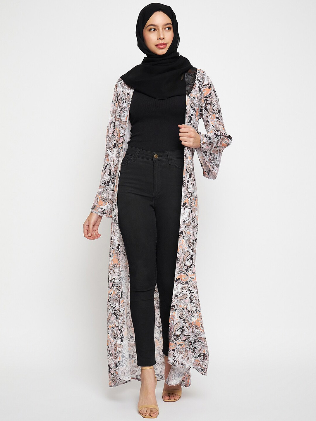 Buy NABIA Front Open Loose Fit Printed Shrug Abaya Burqa For Women ...