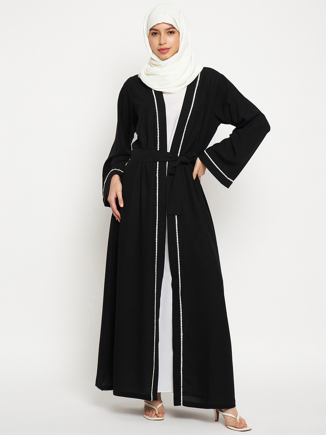 Buy NABIA Women Solid Lace Shrug Abaya Burqa With Belt - Burqas for ...