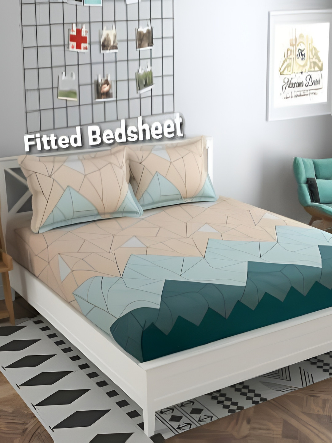 Buy Laying Style Green & Beige Geometric Cotton 220 TC Fitted Queen ...