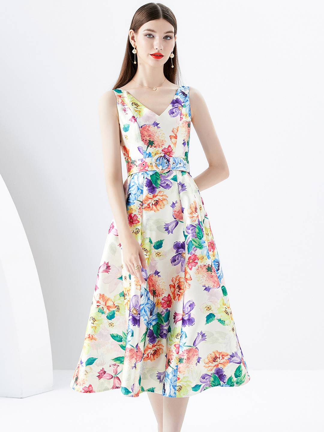 Buy JC Collection Floral Printed V Neck Fit & Flare Midi Dress ...