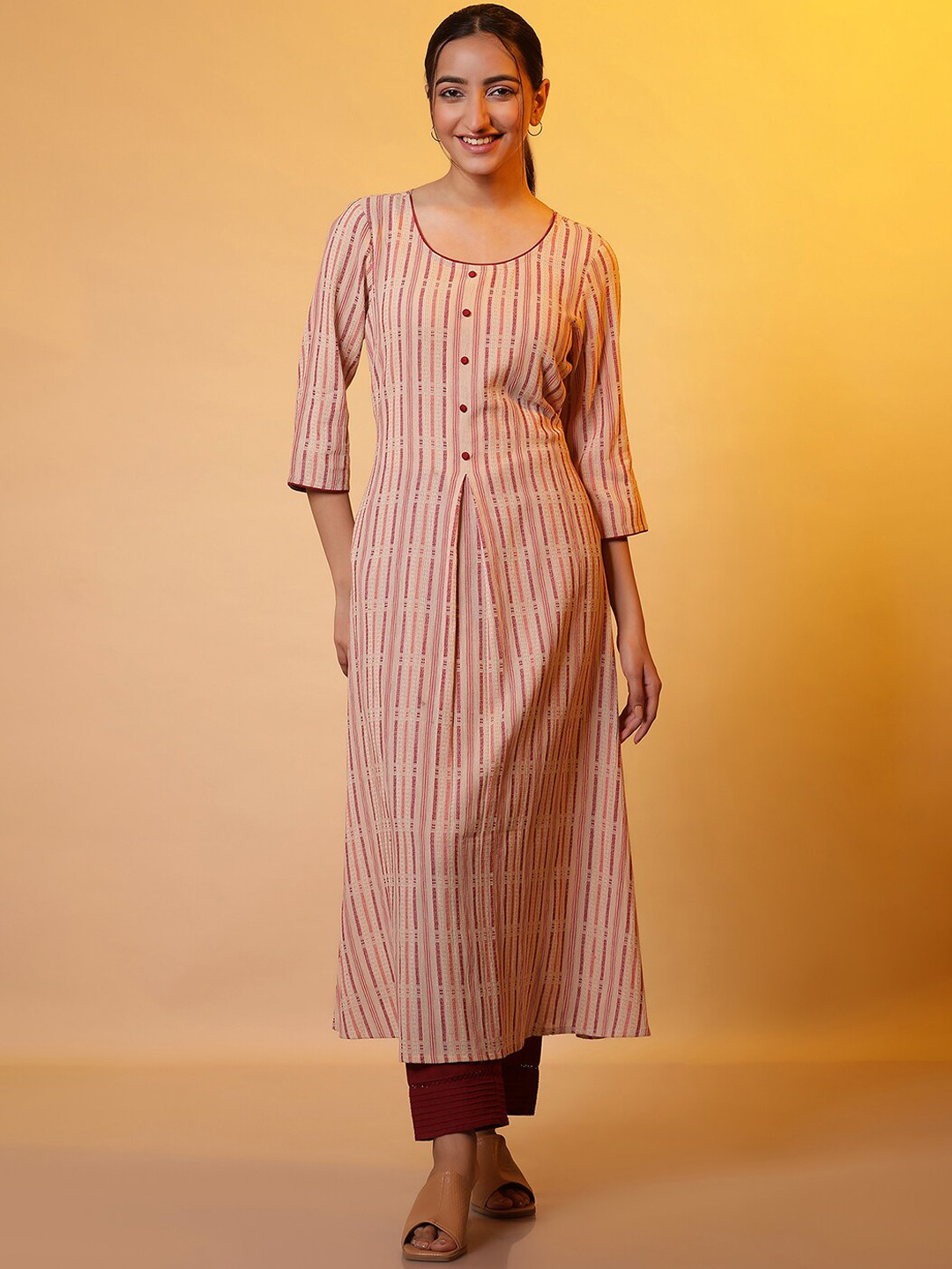 Buy AURELIA Striped Printed Scoop Neck Cotton A Line Kurta - Kurtas for ...