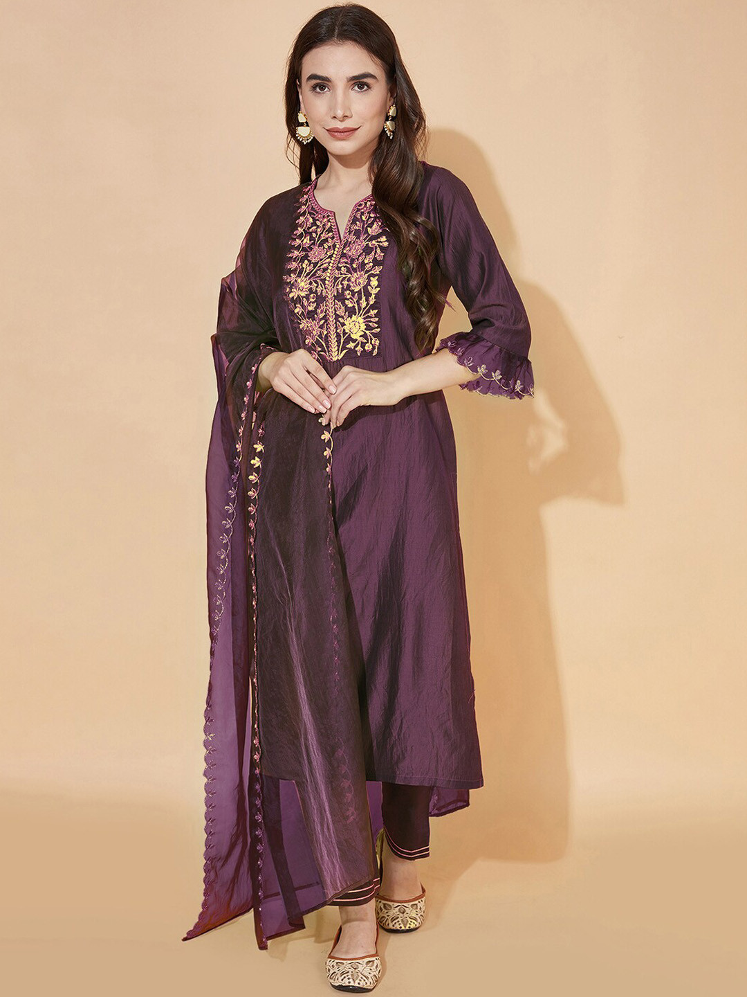 Buy KALINI Women Floral Yoke Design Regular Thread Work Kurta With ...