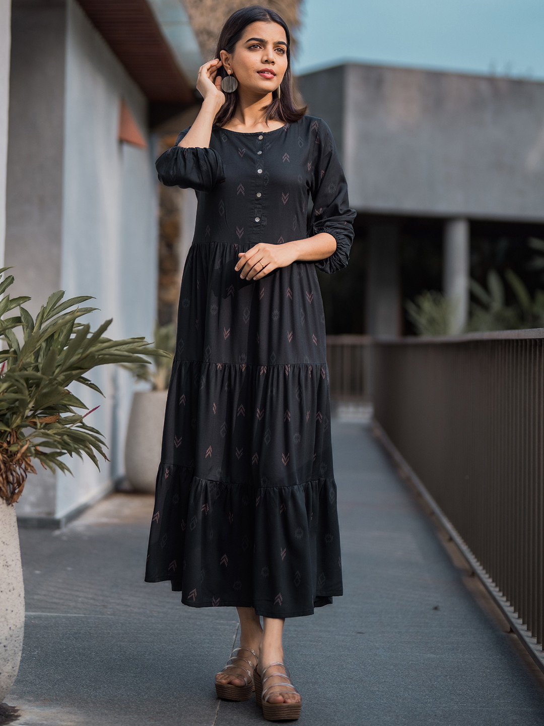 Buy HAY Geometric Printed Puff Sleeves Liva Tiered Maxi Dress - Dresses ...