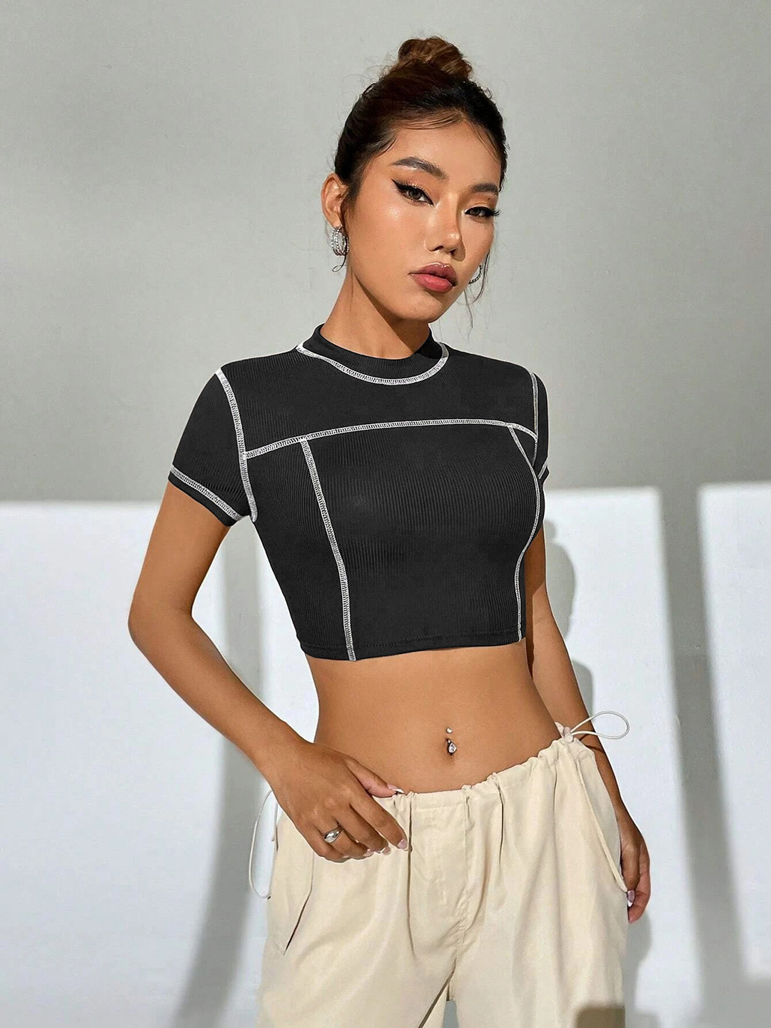 Buy Stylecast X Slyck Black Self Design Cropped Fitted Top - Tops for ...