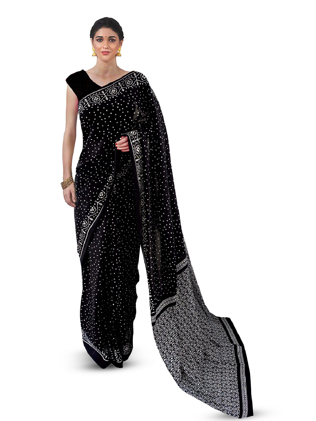 Buy JAIPURI BLOCK PRINT Polka Dot Mulmul Cotton Block Print Saree ...