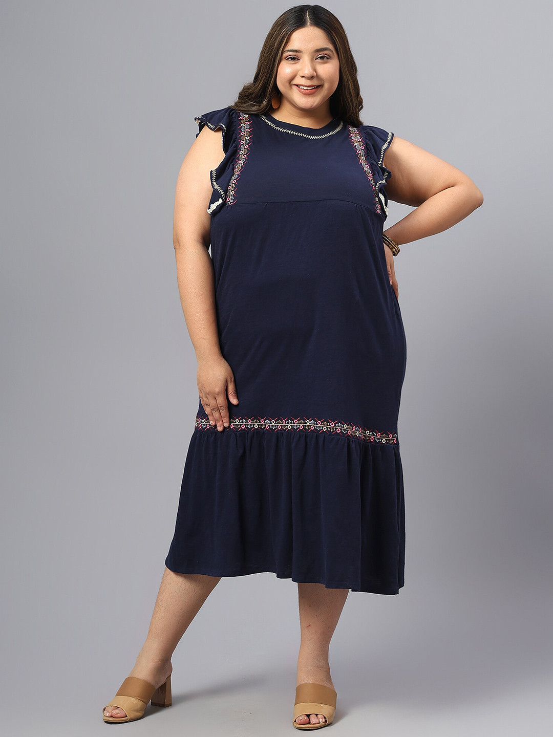 Buy SAAKAA Plus Size Floral Embroidered Sleeveless Ruffles A Line Midi ...