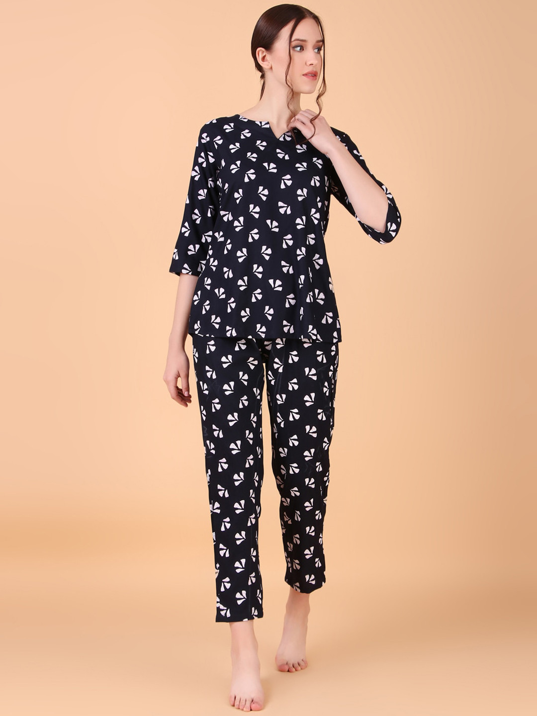 Buy Ichaa Floral Printed Notched Neck Top With Pyjamas - Night Suits ...