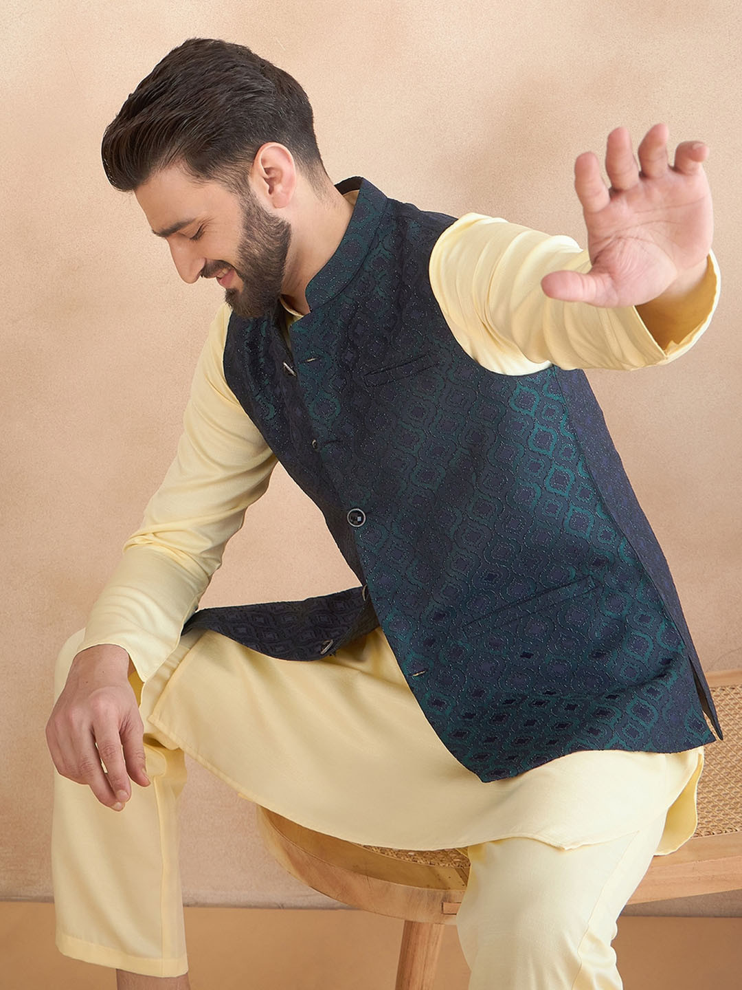 Buy House Of Pataudi Jacquard Woven Design Mandarin Collar Nehru Jacket ...