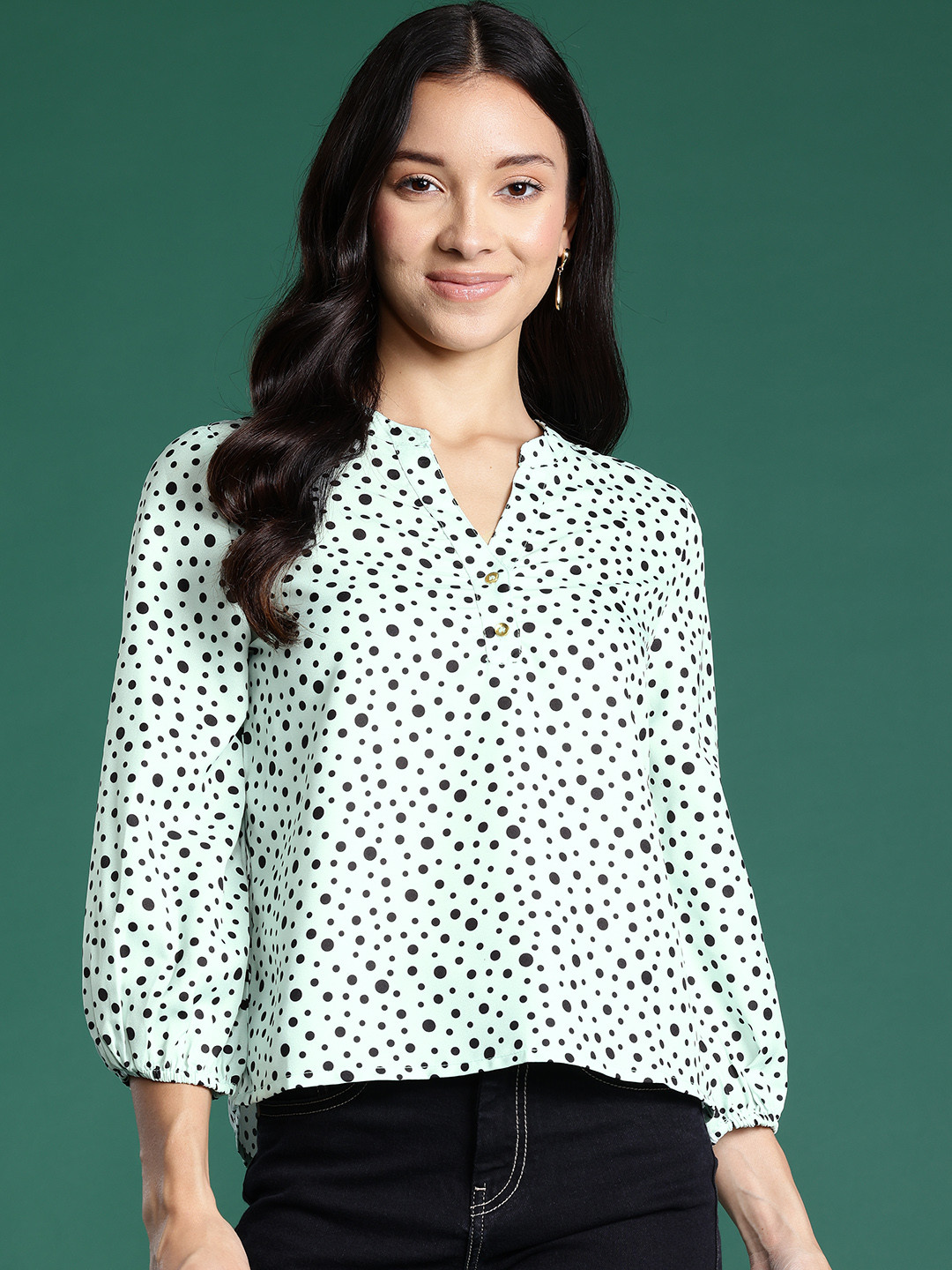 Buy DressBerry Basics Polka Dot Print Mandarin Collar Puff Sleeve Top ...