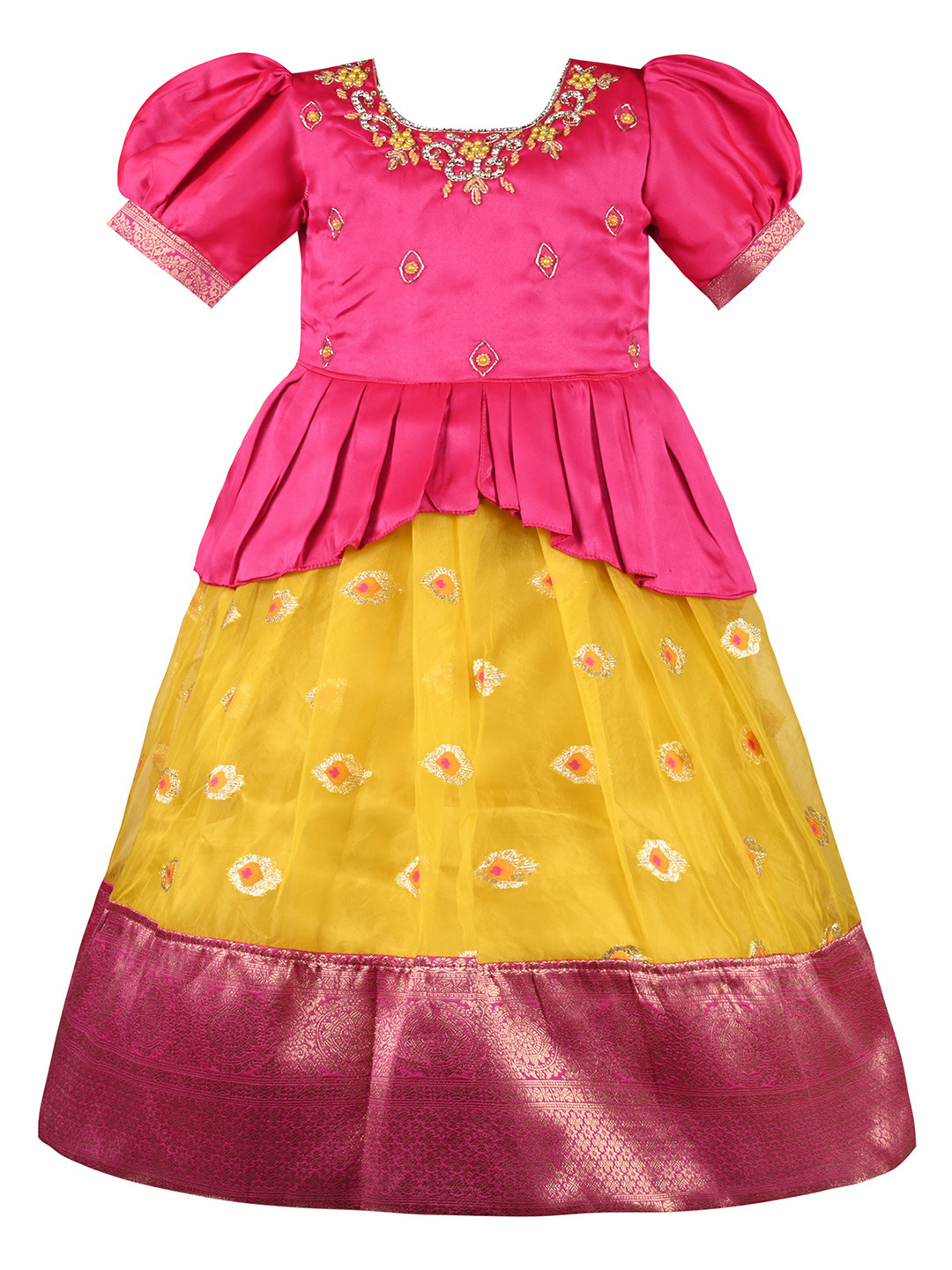 Buy Wish Karo Girls Floral Embellished Puff Sleeve Satin A Line Ethnic ...