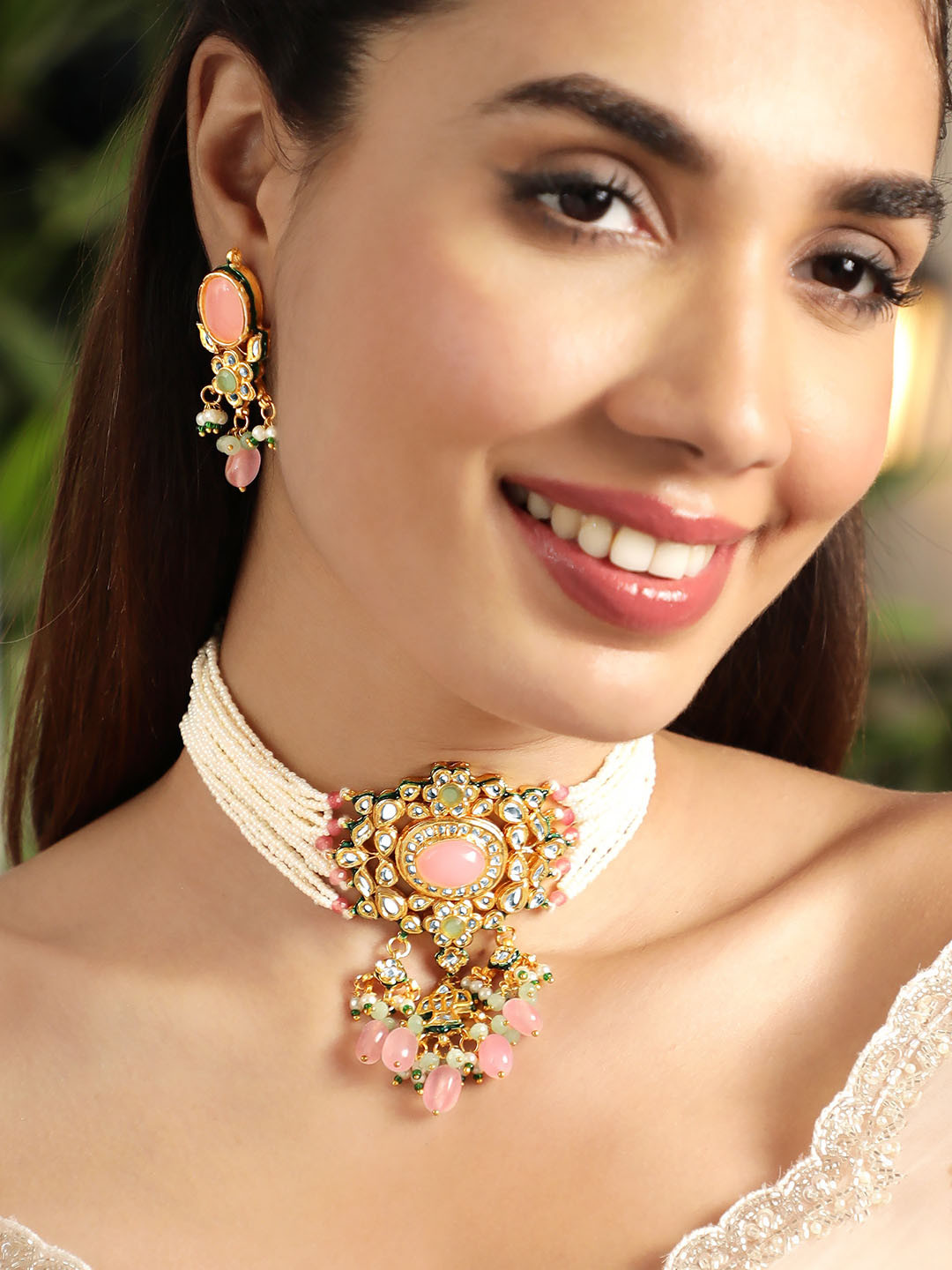 Buy Rubans 22K Gold Plated Choker With Pastel Pink Gemstones Kundan & Pearls Necklace Set ...
