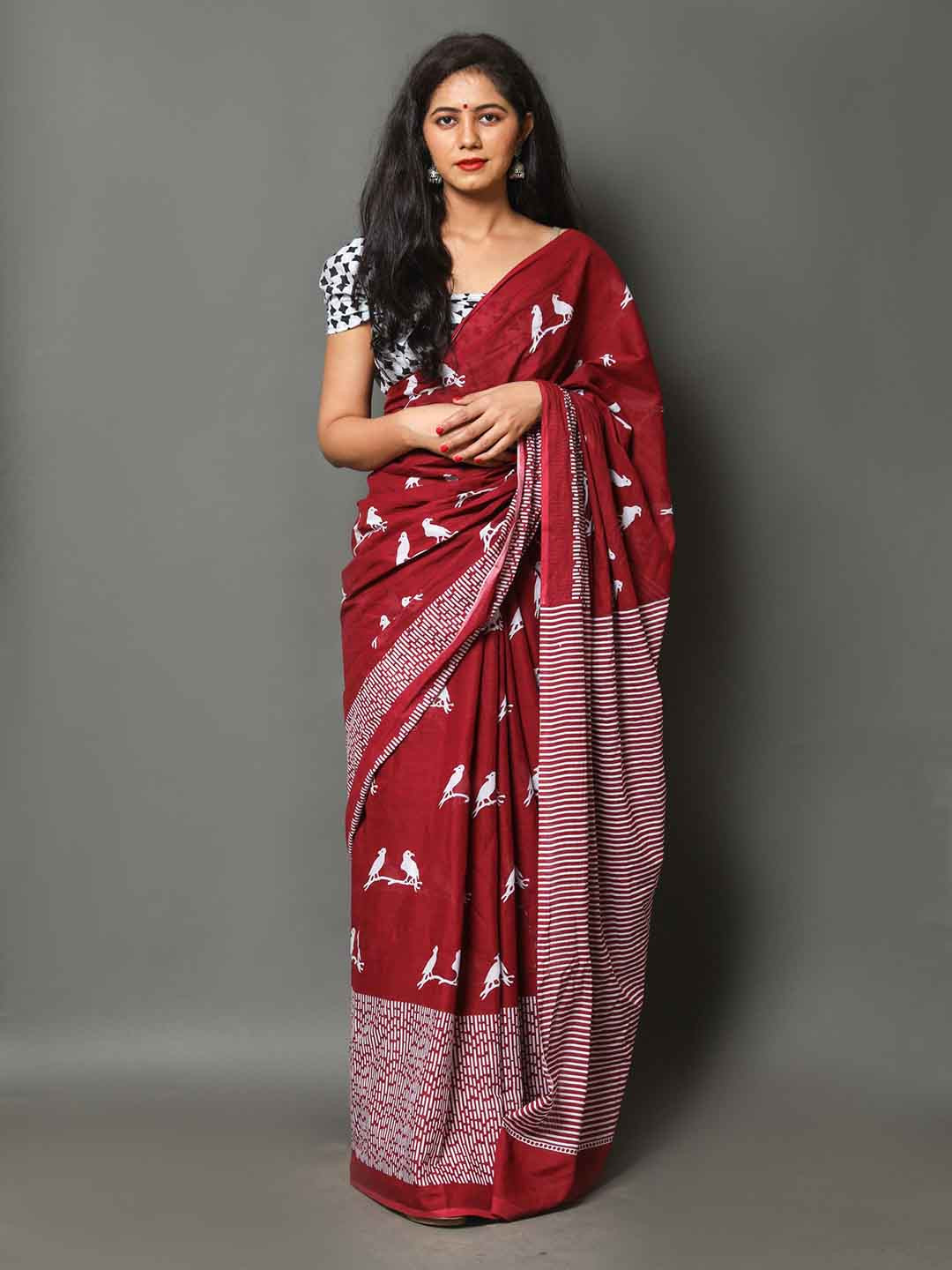 Buy Sanganeri Print Ethnic Motifs Pure Cotton Block Print Saree ...