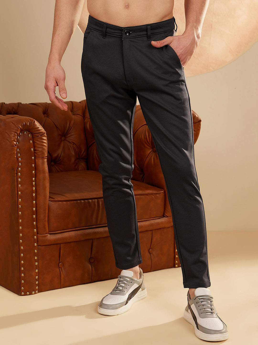Buy DENNISON Men Smart Tapered Fit Easy Wash 4 Way Lycra Trousers ...