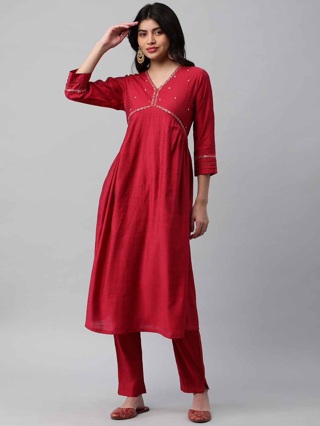 Buy KAMI KUBI Yoke Design Embroidered V Neck A Line Empire Kurta ...