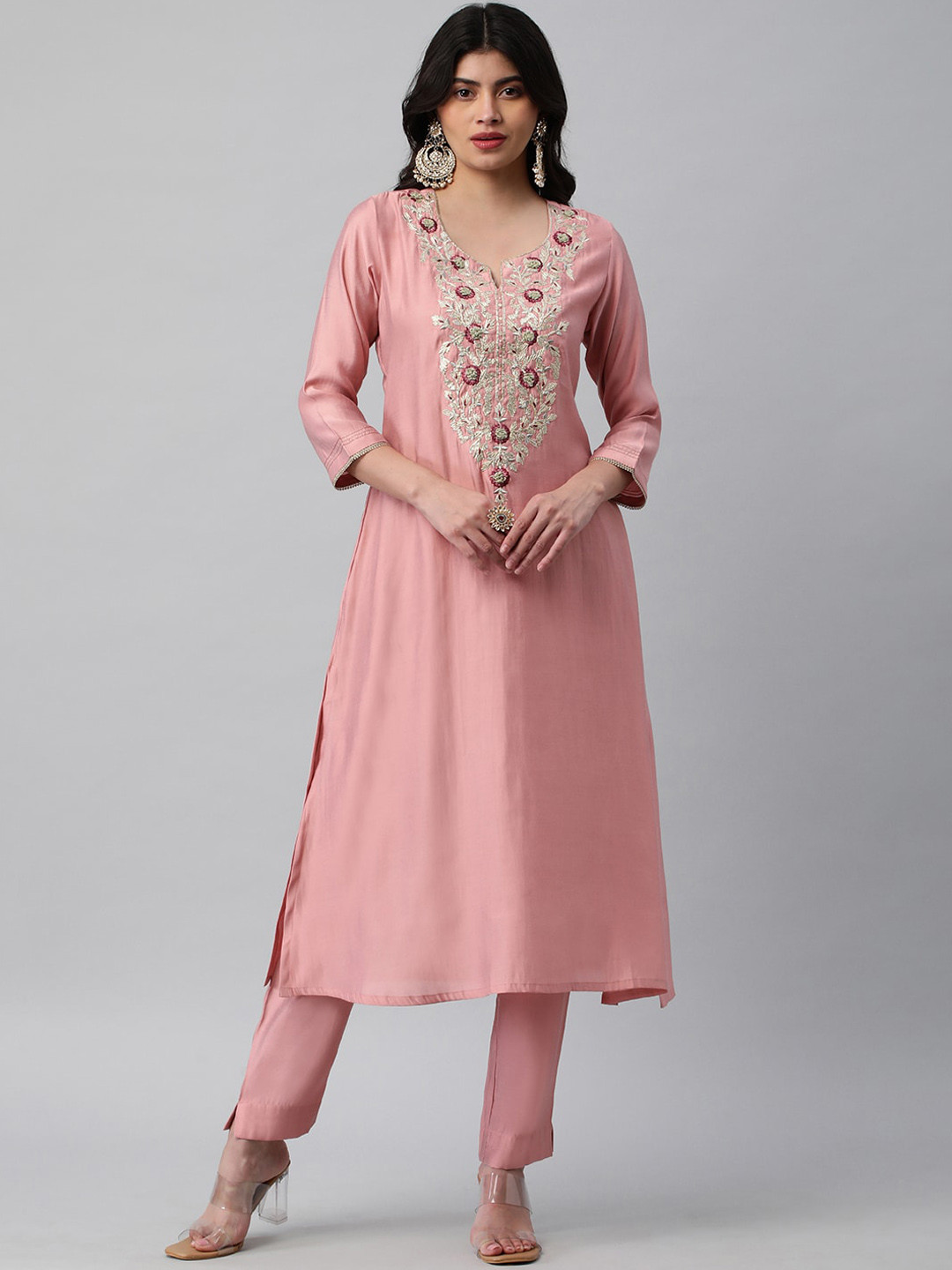 Buy KAMI KUBI Round Neck Three Quarter Sleeves Embellished Thread Work ...