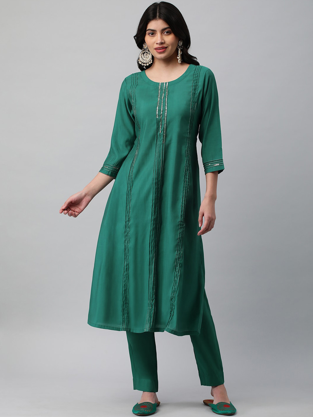 Buy KAMI KUBI Round Neck Three Quarter Sleeves Sequins Anarkali Kurta ...