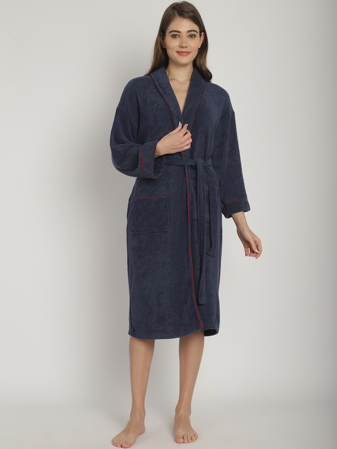 Buy ELEVANTO Women Blue Shawl Collar Front Open Bath Robe - Bath Robe ...