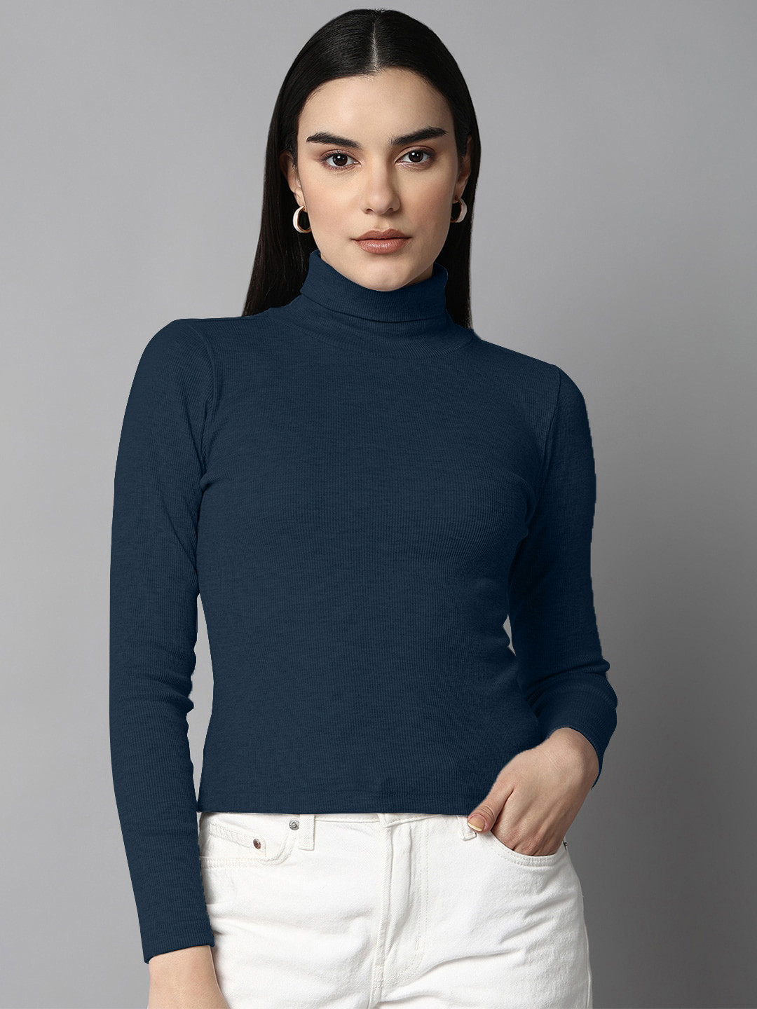 Buy The Roadster Lifestyle Co. Navy Blue High Neck Long Sleeves Top ...