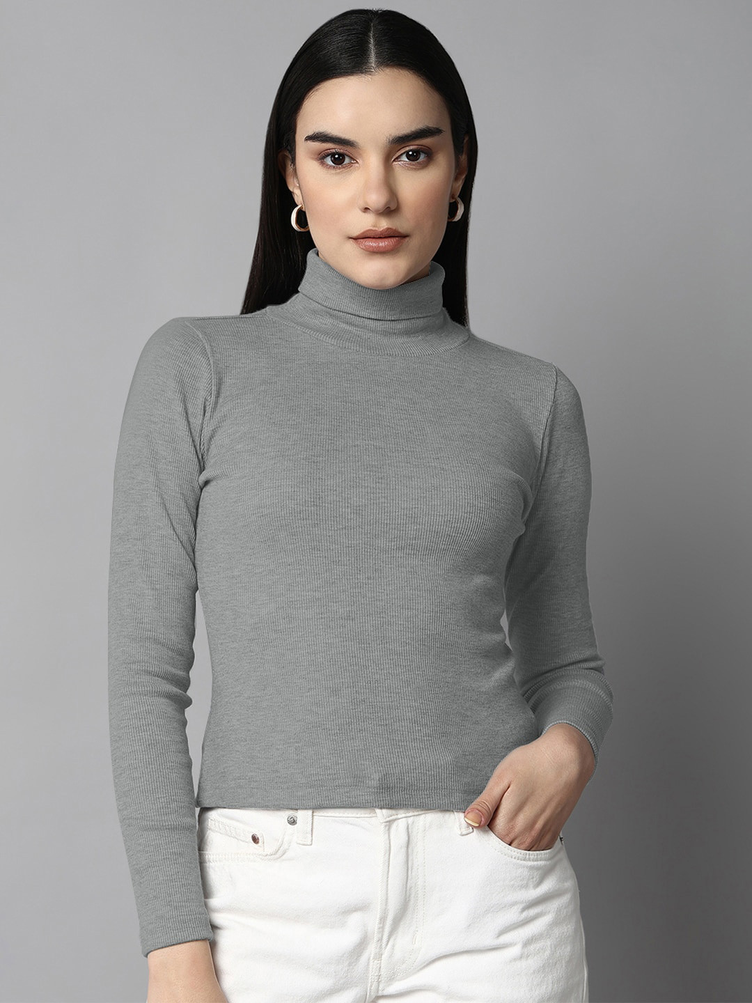Buy The Roadster Lifestyle Co. Grey High Neck Long Sleeves Top - Tops ...