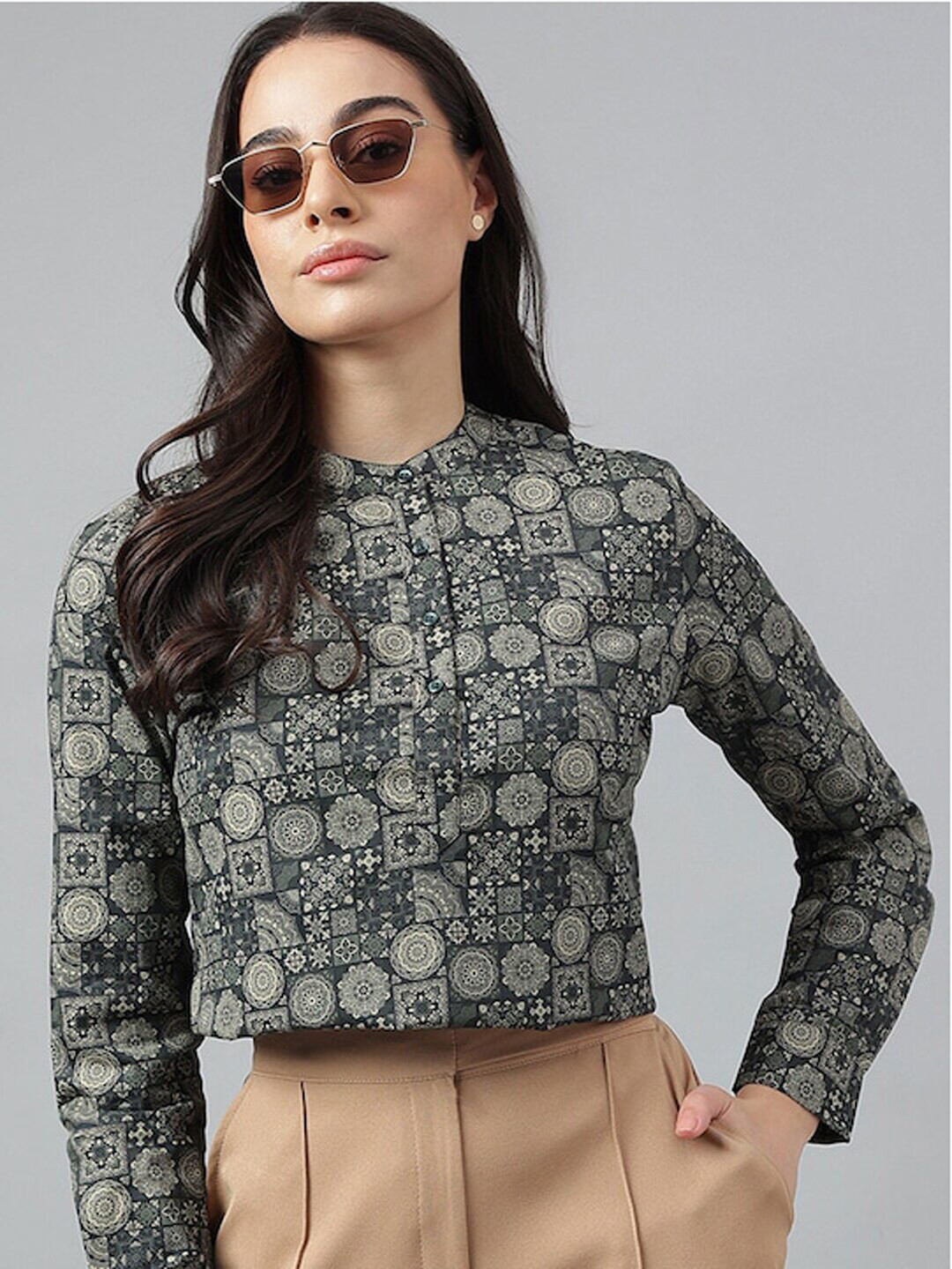 Buy Hancock Floral Printed Mandarin Collar Pure Cotton Formal Shirt ...