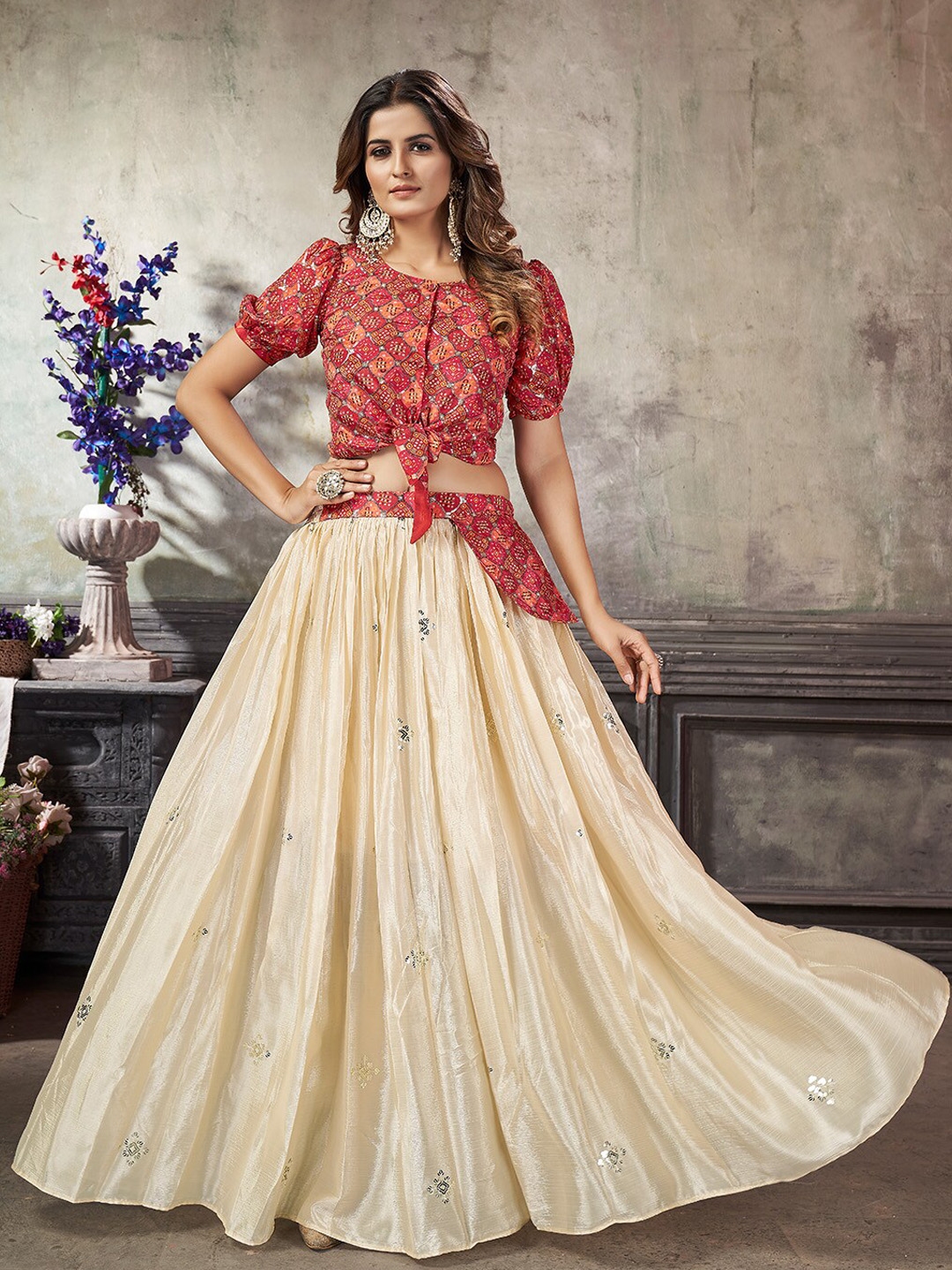 Buy Kalini Bandhani Printed Puff Sleeves Sequinned Crop Top With Maxi