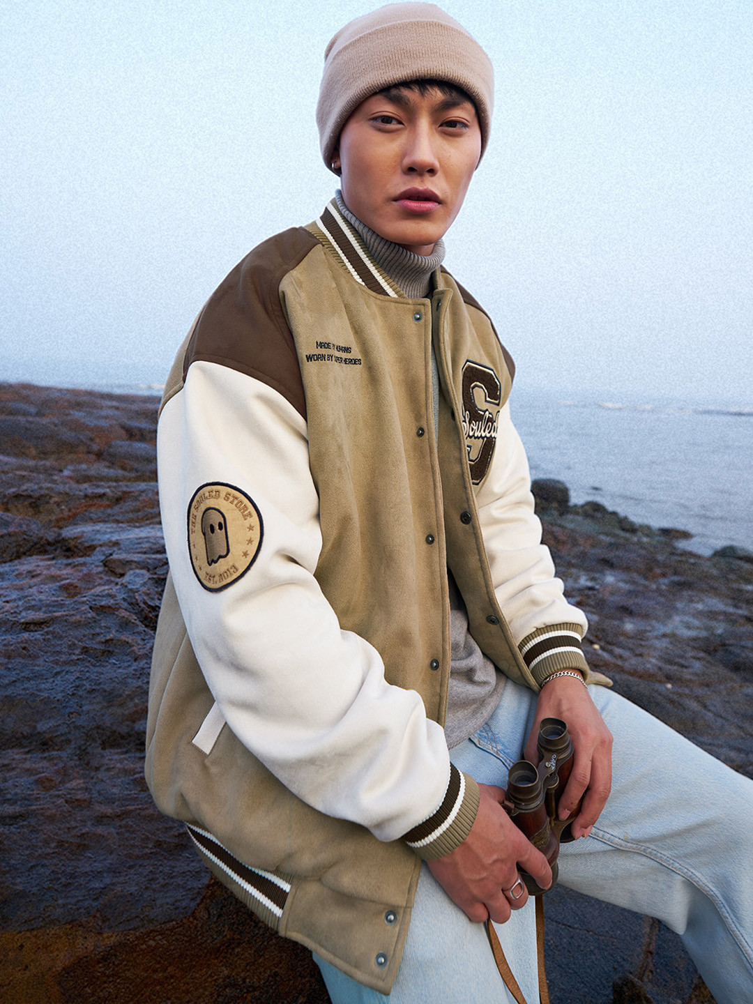 Buy The Souled Store Beige Colourblocked Stand Collar Lightweight Pure ...