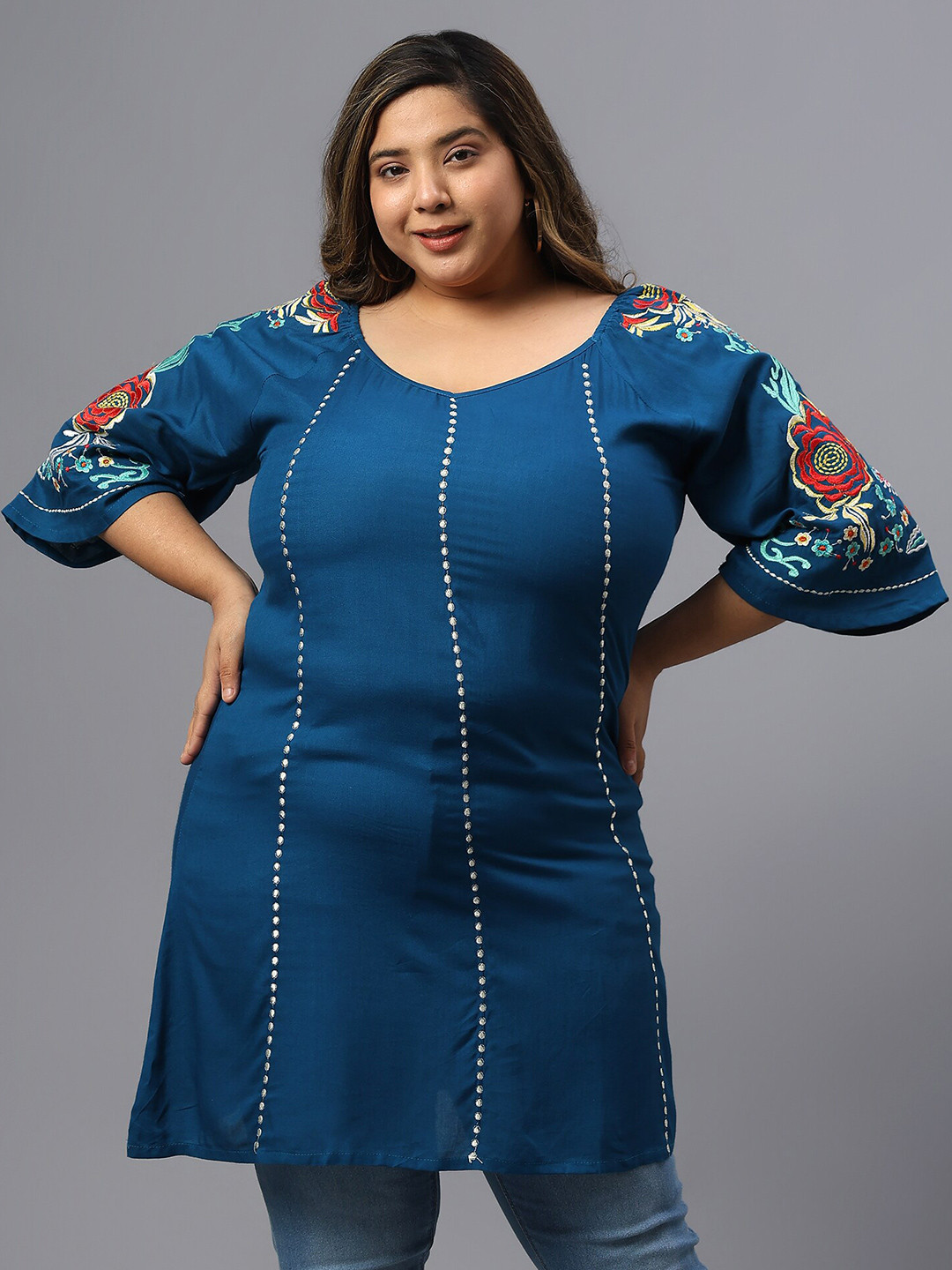 Buy SAAKAA Plus Size Polka Dot Embroidered V Neck Longline Pure Cotton ...