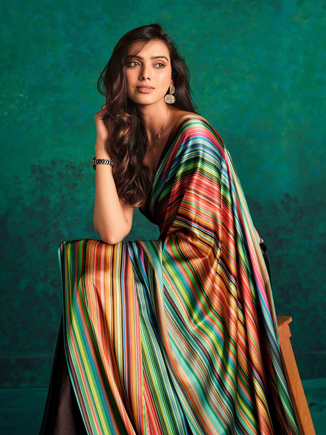 Buy Sangria Striped Digital Printed Satin Saree - Sarees for Women ...