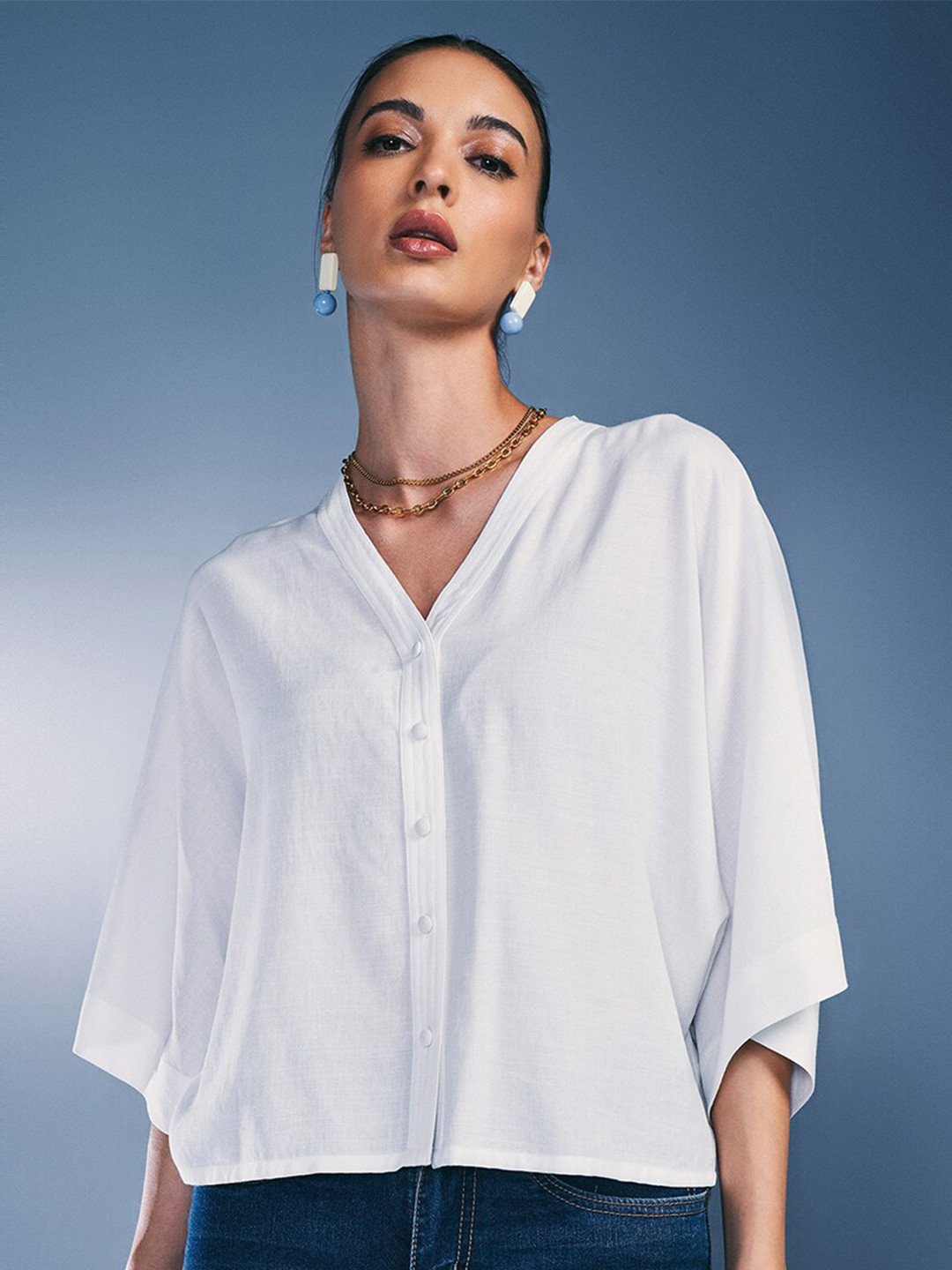 Buy AND V Neck Extended Sleeves Shirt Style Top - Tops for Women ...