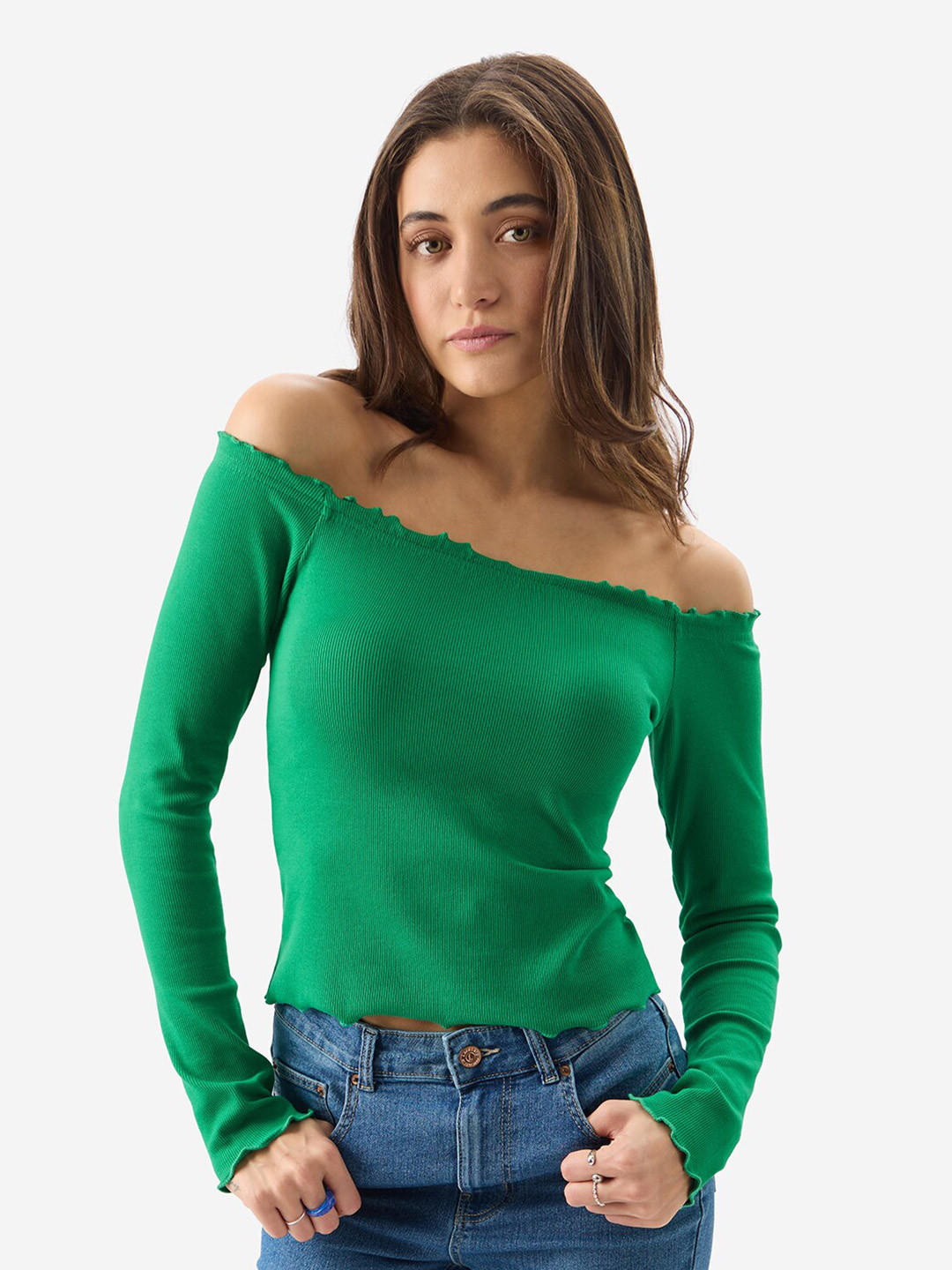 Buy The Souled Store Green Off Shoulder Cotton Fitted Top - Tops for ...