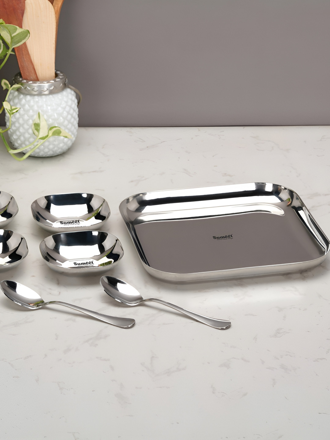 Buy Sumeet 7 Pieces Stainless Steel Glossy Dinner Set - Dinner Set for ...