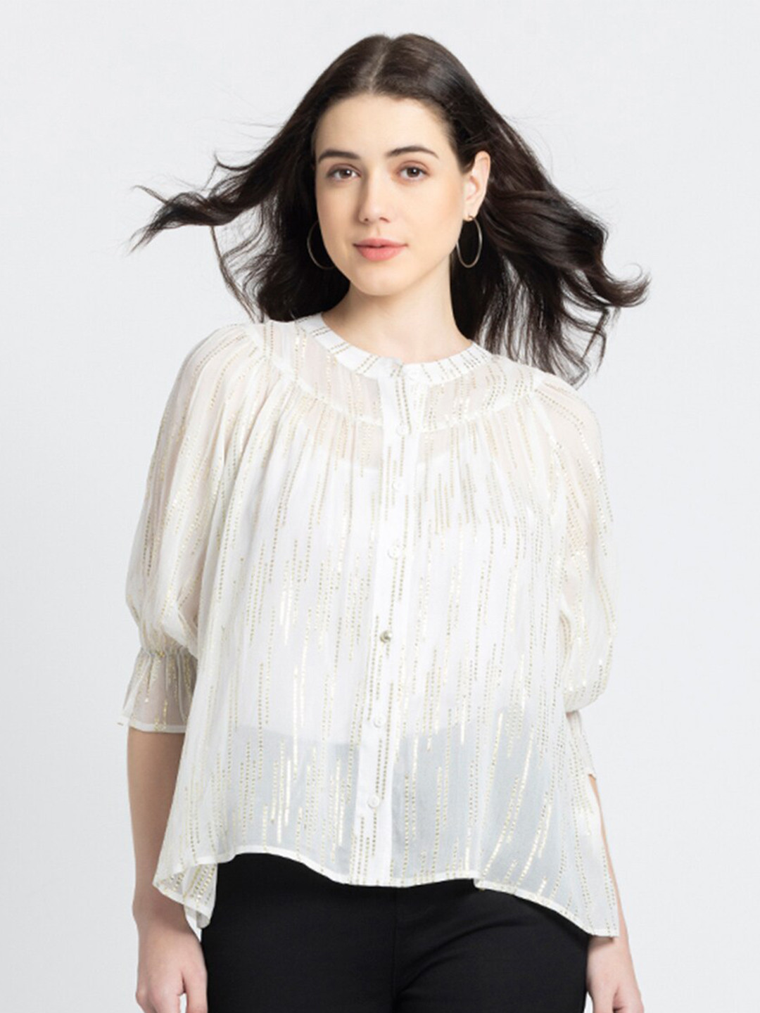 Buy SHAYE Vertical Striped Bell Sleeves Gathered Semi Sheer Georgette ...