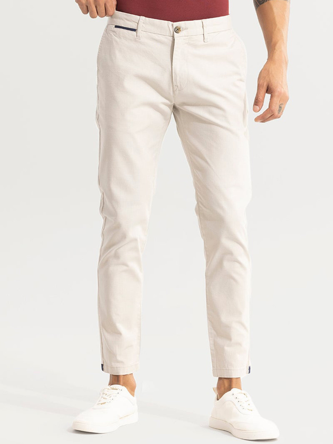 Buy Snitch Men Cream Coloured Smart Slim Fit Cotton Chinos Trousers ...