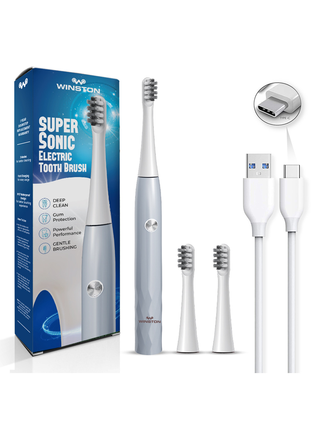Buy WINSTON Super Sonic Electric Toothbrush With Soft Bristles & 3 ...