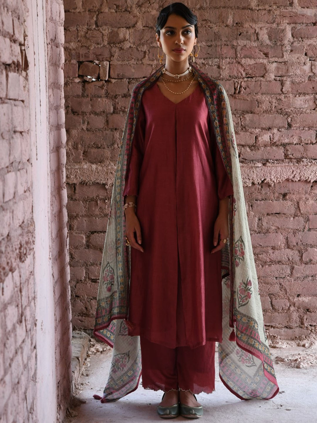 Buy KARAJ JAIPUR Embroidered Chanderi Silk Straight Kurta With Palazzo ...