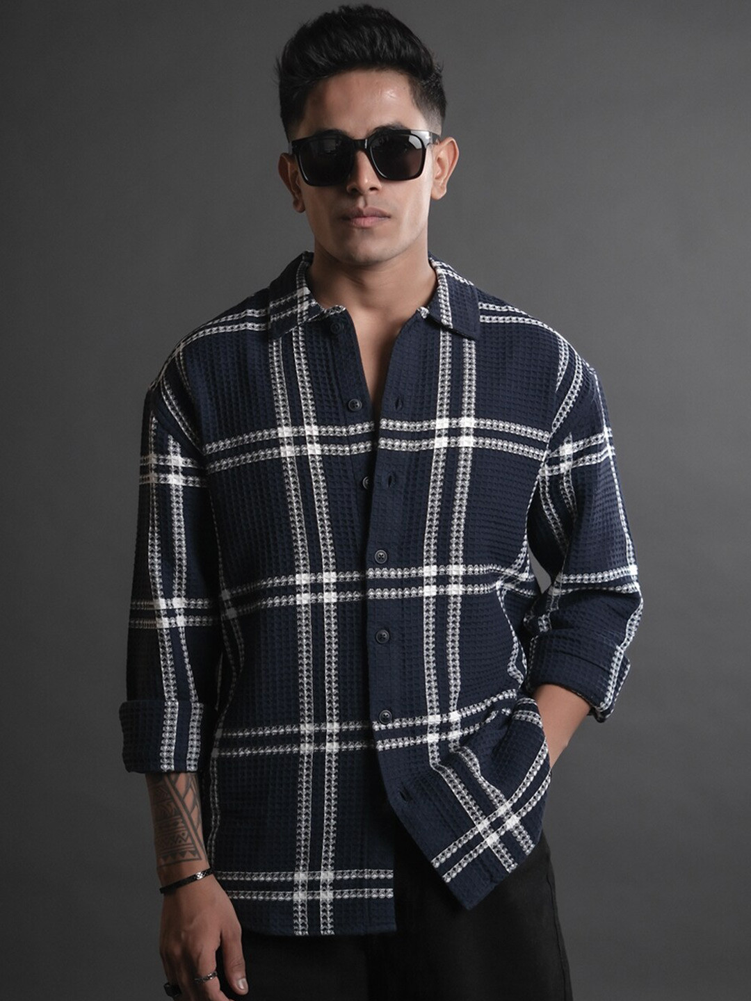 Buy Powerlook Blue India Slim Oversized Tartan Checked Casual Shirt ...