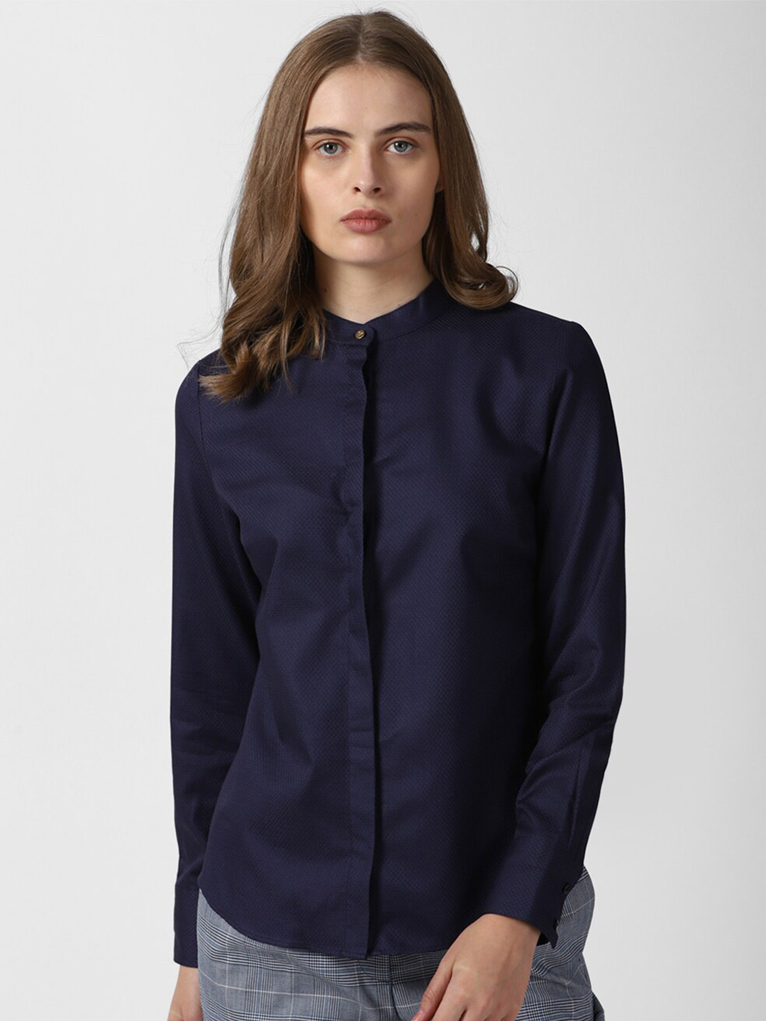 Buy Van Heusen Woman Self Design Mandarin Collar Cotton Formal Shirt ...